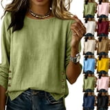 Womens Linen Blouses Crew Neck Side Button Casual Summer Loose Fit ...