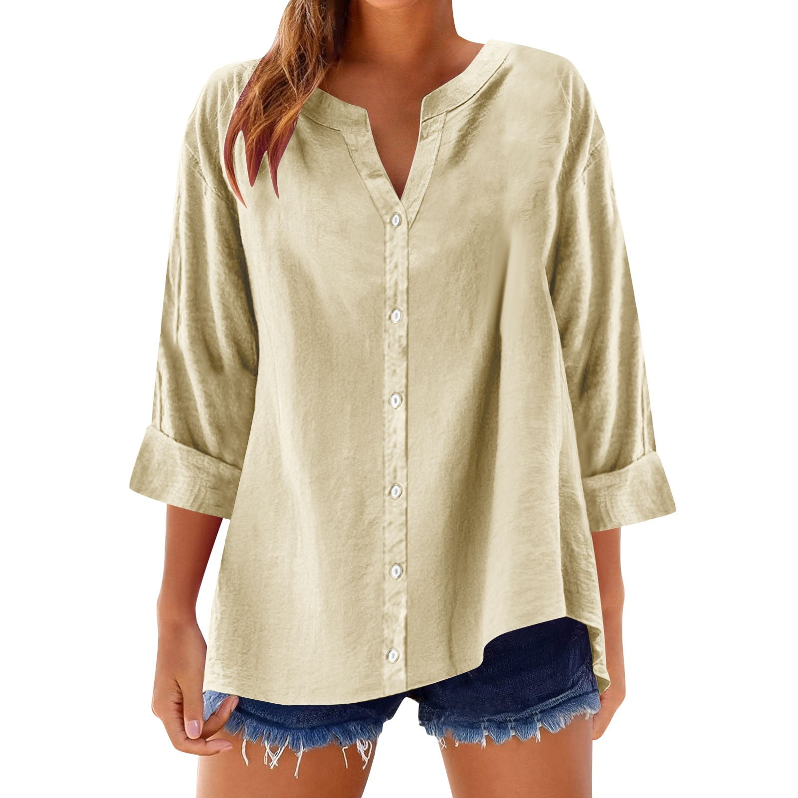 Womens Linen Button Down Shirts Summer 2025 Roll up Sleeve Oversized Boyfriend Solid Tops Casual ...