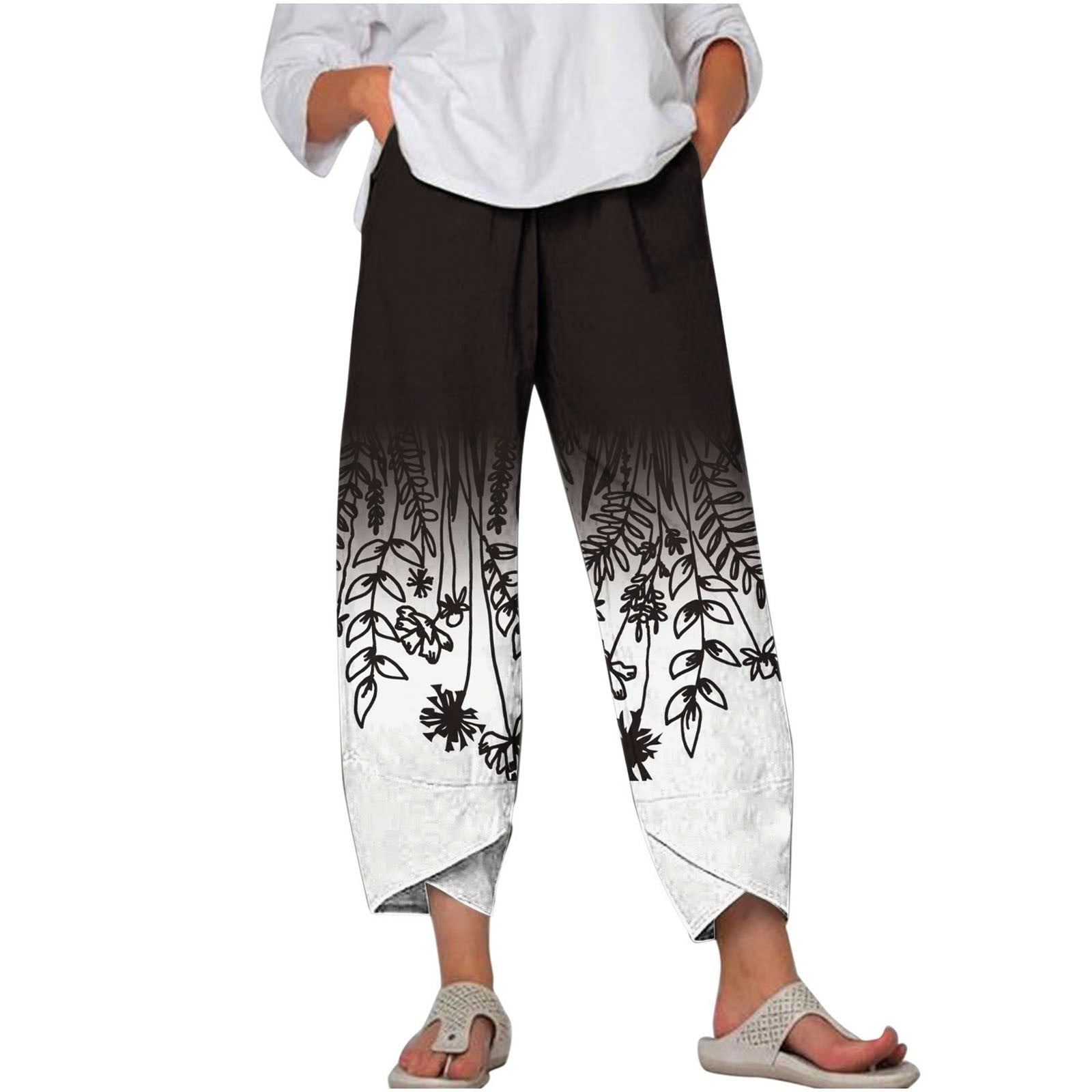 Womens Linen Capris Plus Size,Women's Capri Pants Printed Casual Summer Cotton Cropped Pants ...