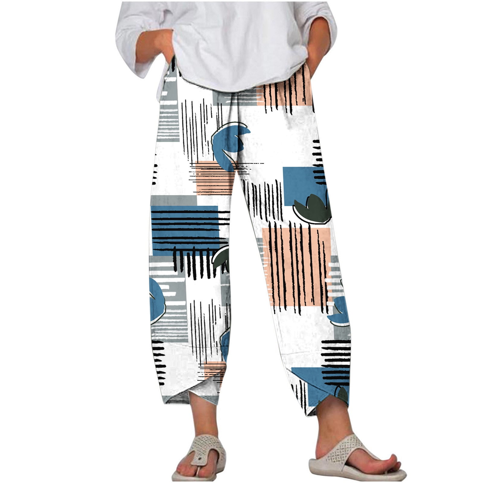 Womens Linen Capris Plus Size,Women's Capri Pants Printed Casual Summer Cotton Cropped Pants ...