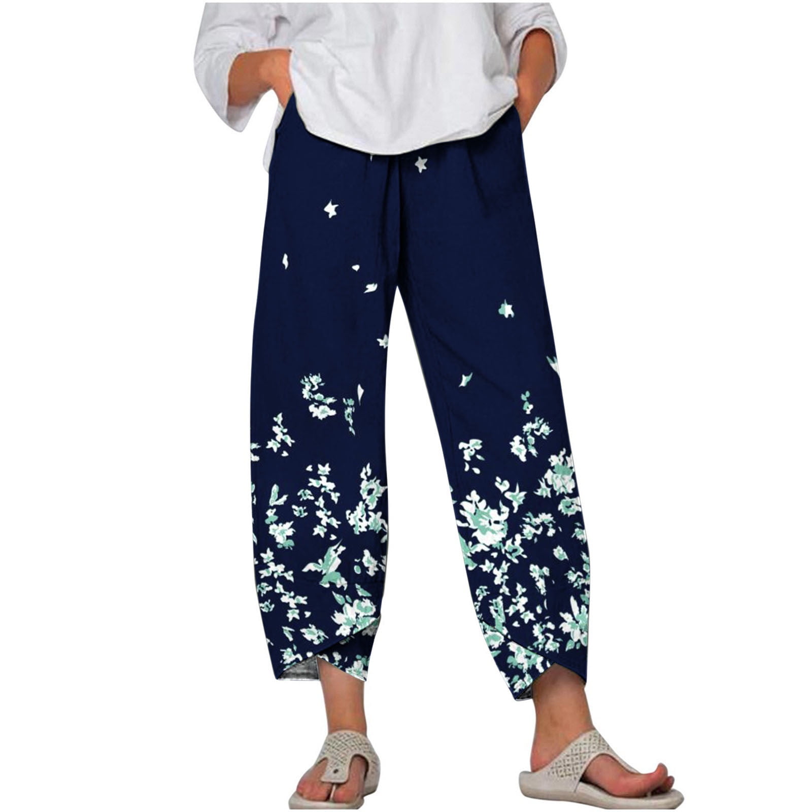 Womens Linen Capris Plus Size,Women's Capri Pants Printed Casual Summer Cotton Cropped Pants ...