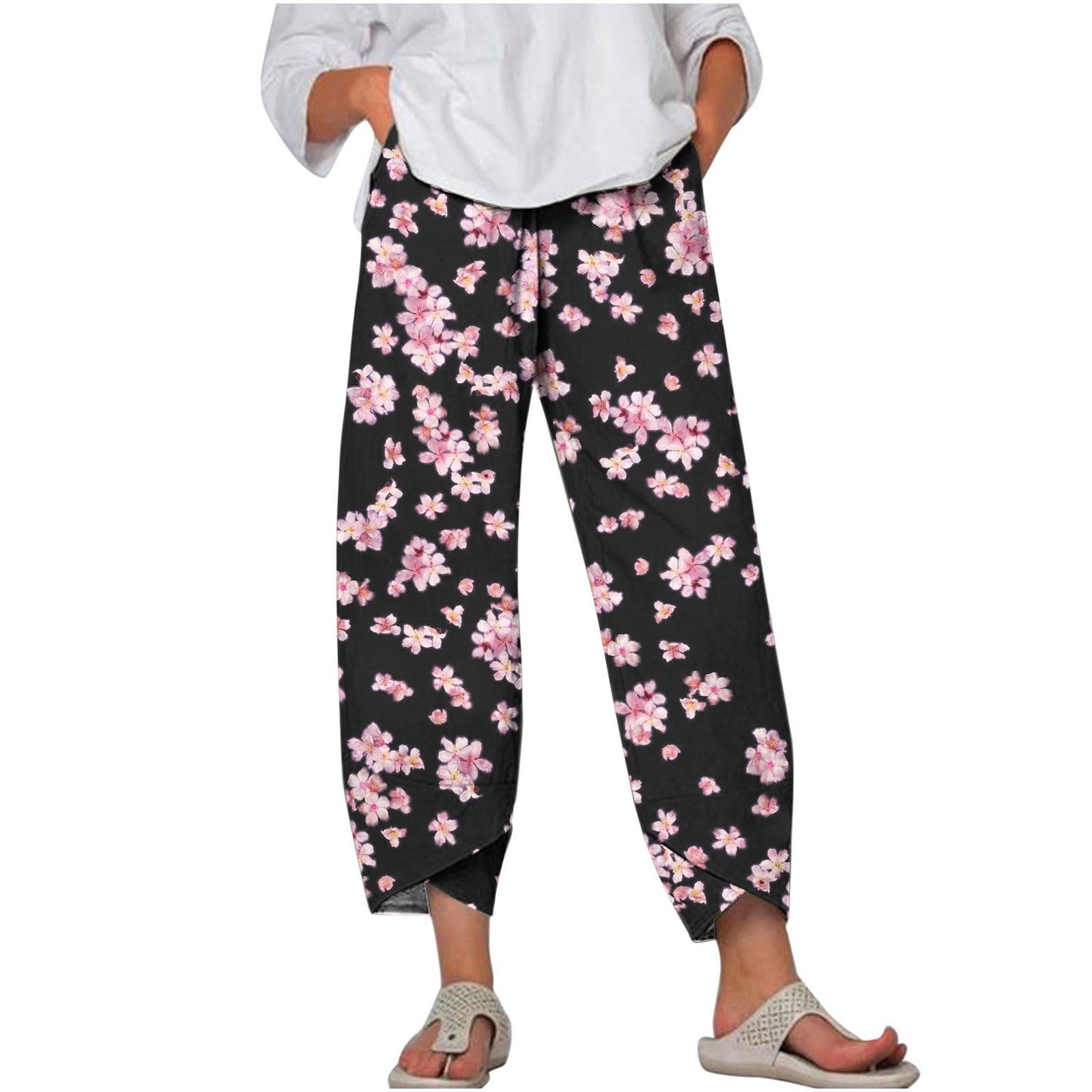 Womens Linen Capris Plus Size,Women's Capri Pants Printed Casual Summer Cotton Cropped Pants ...