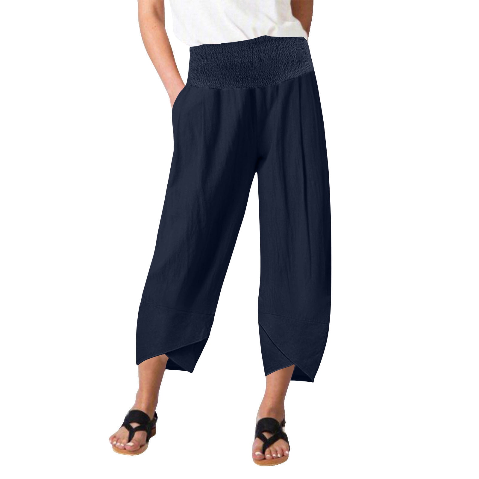 Womens Linen Cropped Trousers Ladies Summer Beach Wide Leg Trousers ...