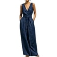 Womens Linen Jumpsuits V Neck Sleeveless Belted Wide-Leg Lightweight ...