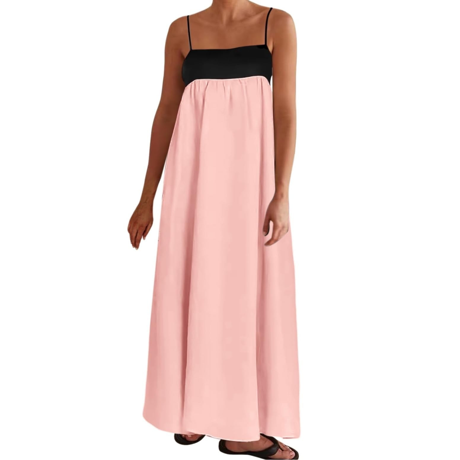 Womens Linen Maxi Dress Contrast Trim Spaghetti Straps Summer Outfits ...