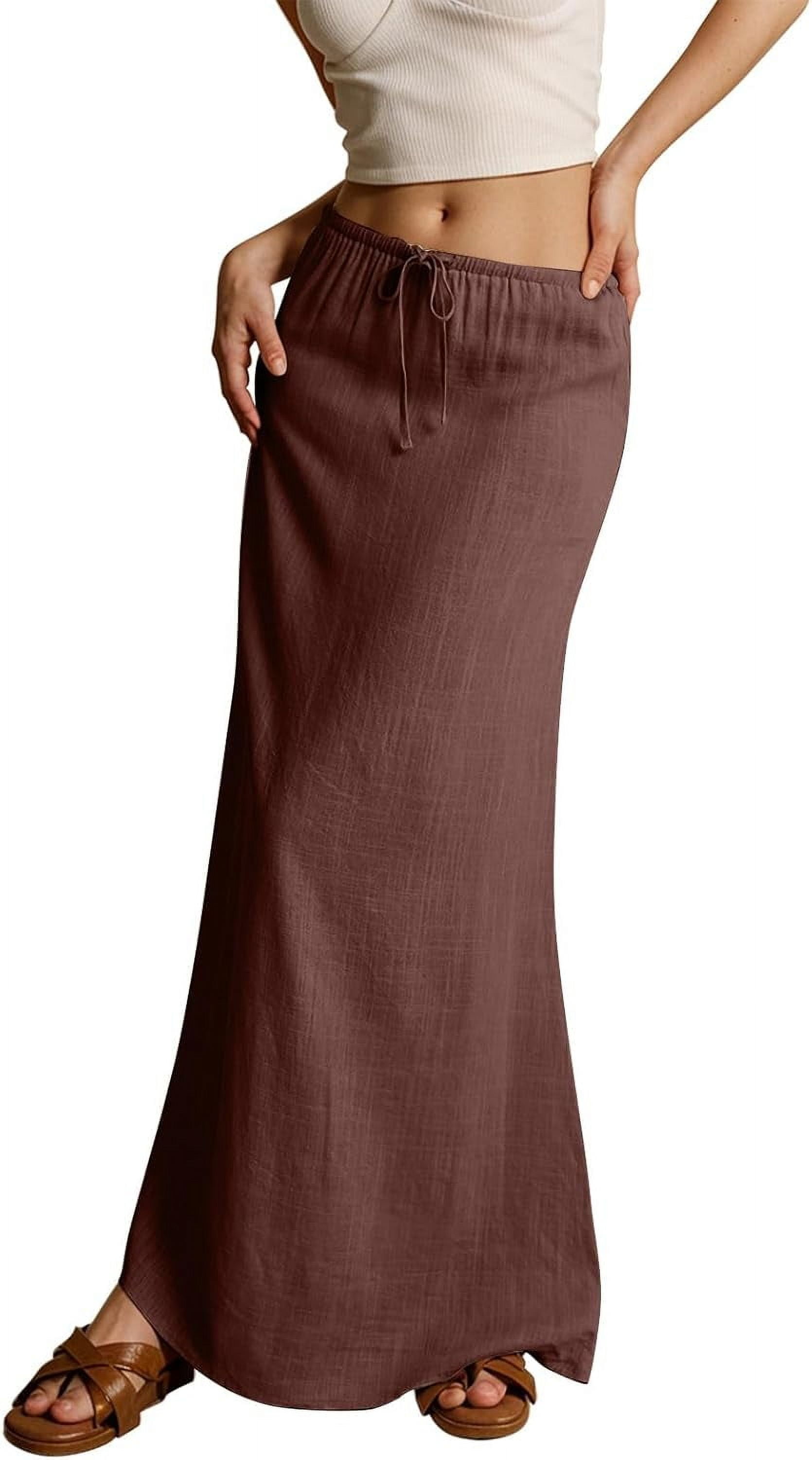 Womens Linen Maxi Skirts Summer Elastic Waist Drawstring A Line Long ...