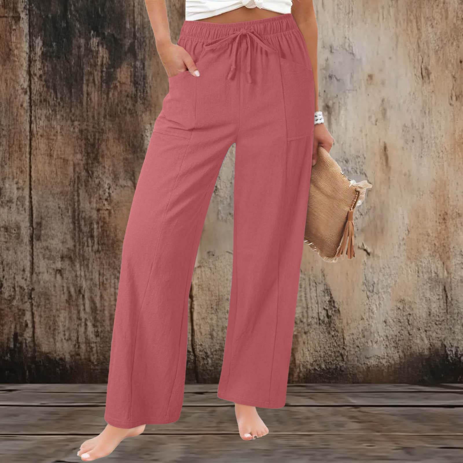Womens Linen Pants Loose Straight Leg Color Drawstring Side Pocket ...