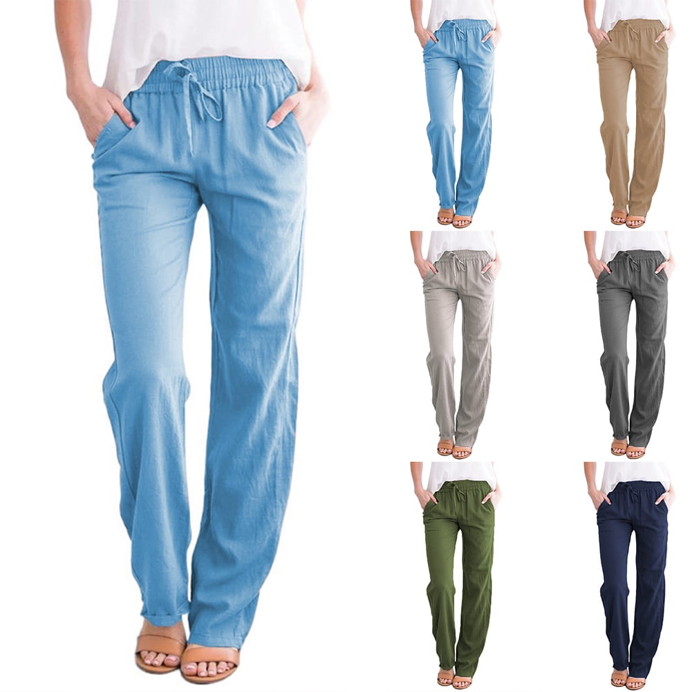 Womens Linen Pants Spring/Summer Pants High Waisted Wide Leg Drawstring ...