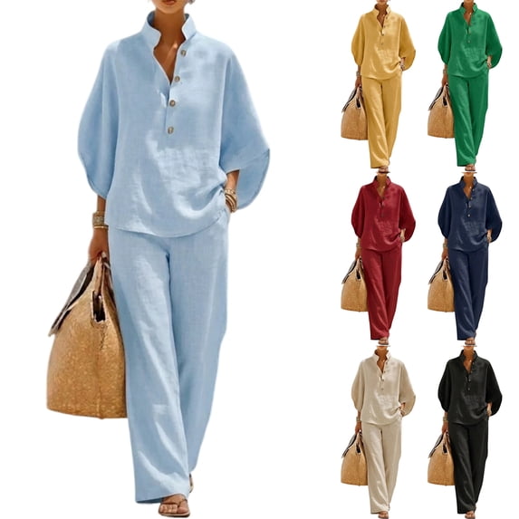 Womens Linen Set Batwing 3/4 Sleeve Shirts Matching Casual Wide Leg ...