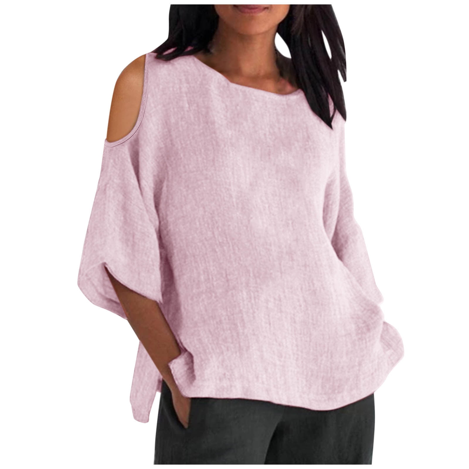 Womens Linen Summer Tops Cold Shoulder Short Sleeve Shirt Solid Color ...