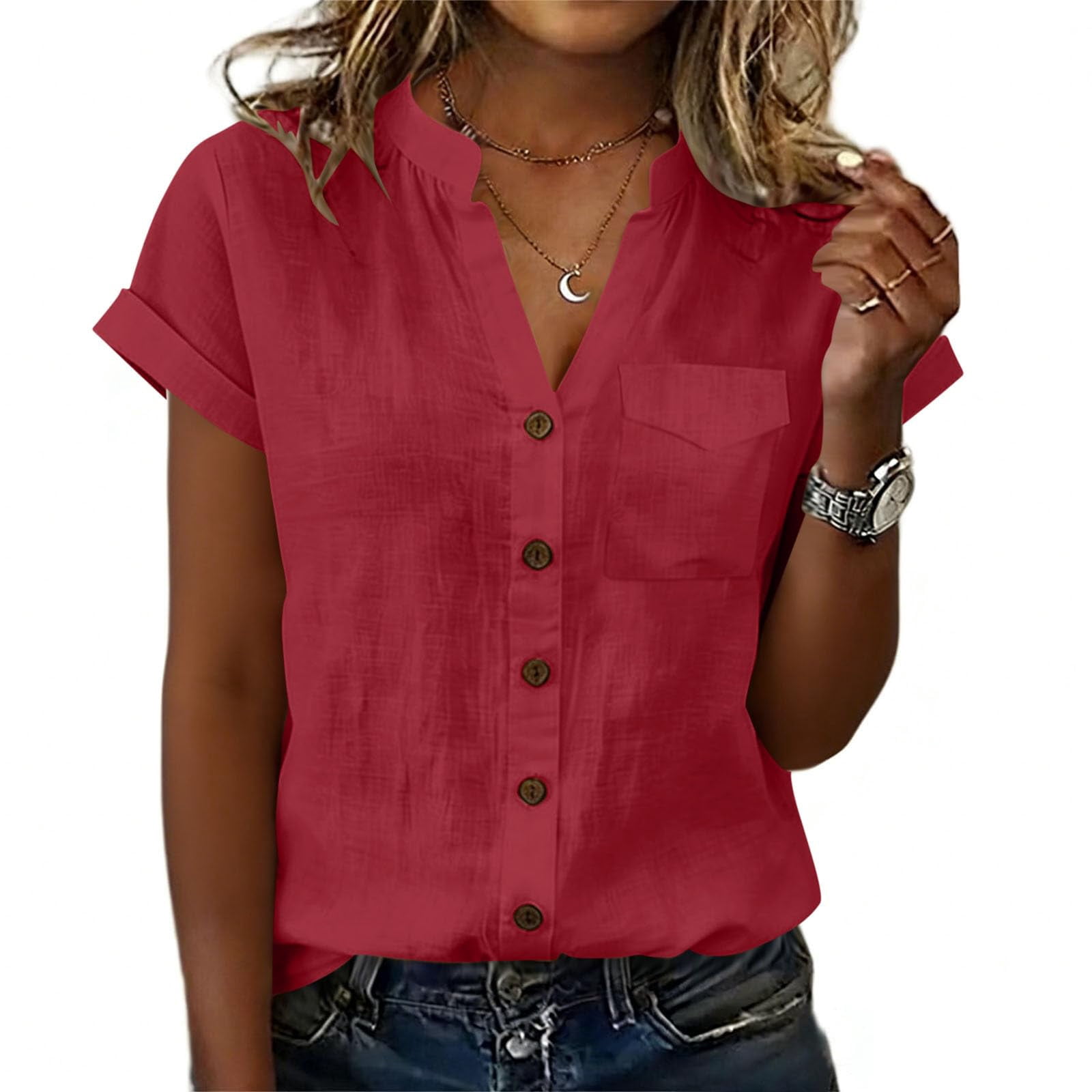 Womens Linen Tops Henley V Neck Short Sleeve Roll-Cuff Chest Pocket ...