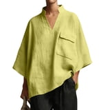 Womens Linen Tops V Neck Stand Collar Batwing Sleeve Oversized Chest ...