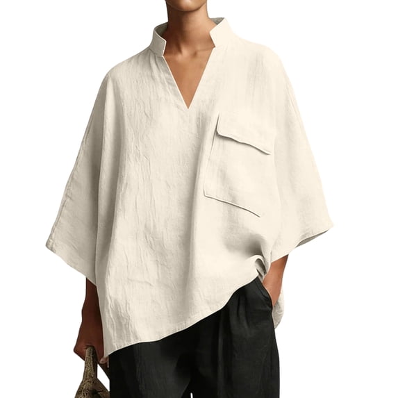 Womens Linen Tops V Neck Stand Collar Batwing Sleeve Oversized Chest ...