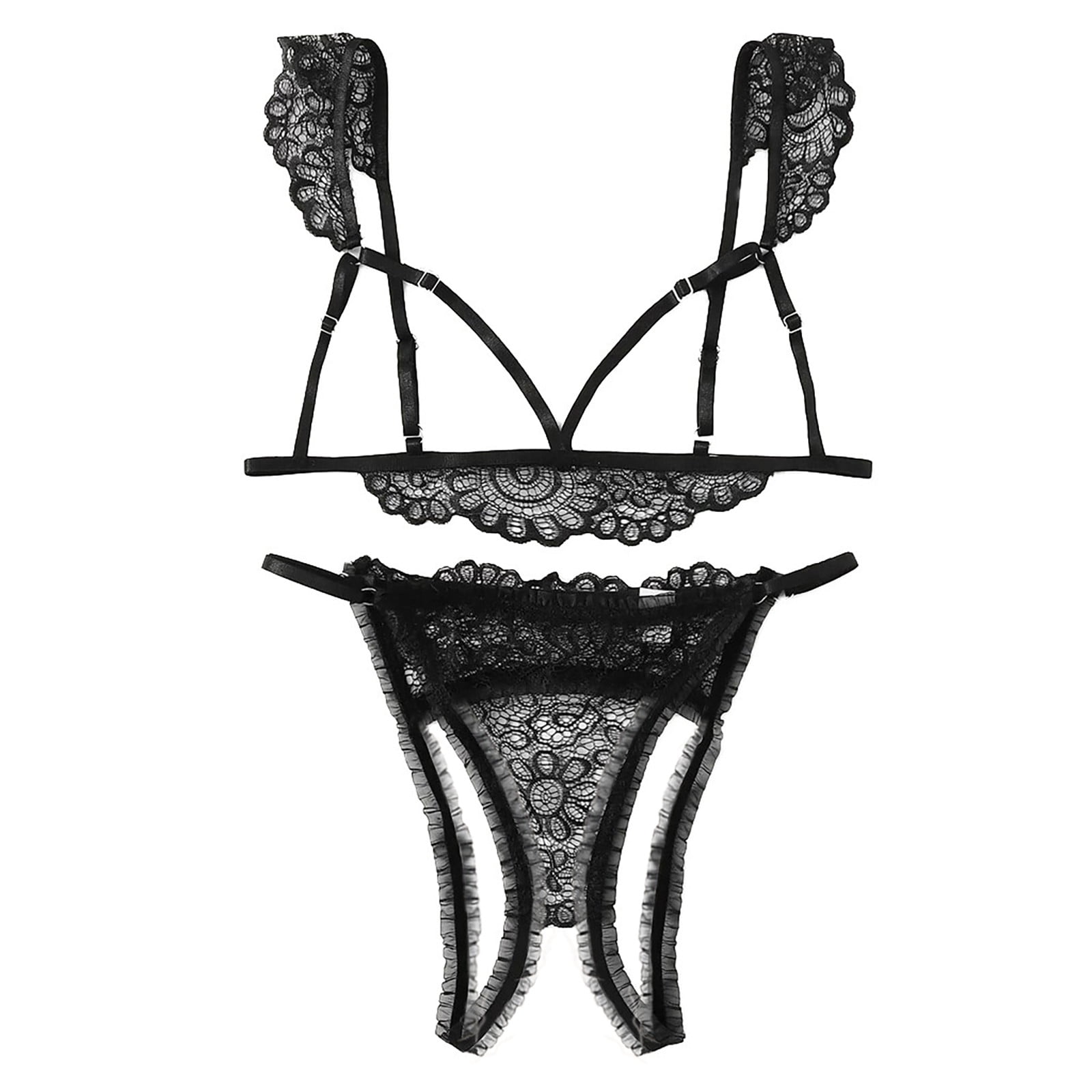 Womens Lingerie Set Plus Size New Lace Brathong Underwear Set Black Sleepwear