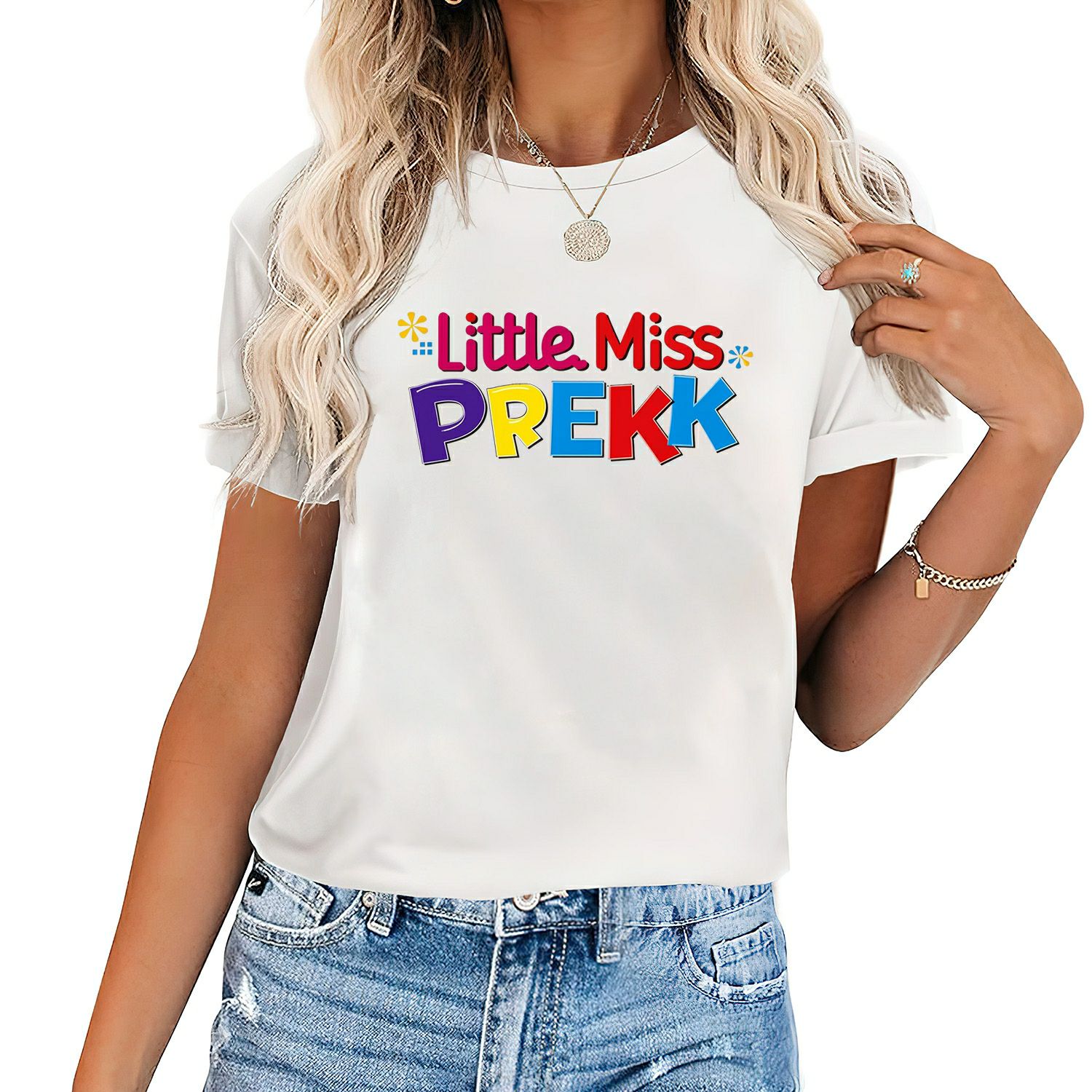 Womens Little Miss Pre-K Cute Groovy First Day of Preschool Short ...