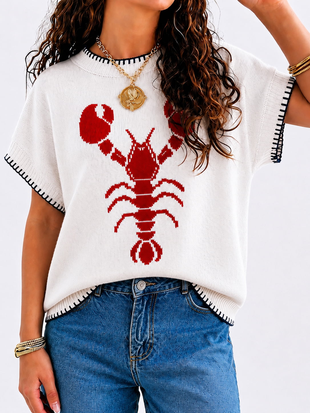 Womens Lobster Sweater Shirt Crochet Tshirts Short Sleeve Crew Neck ...