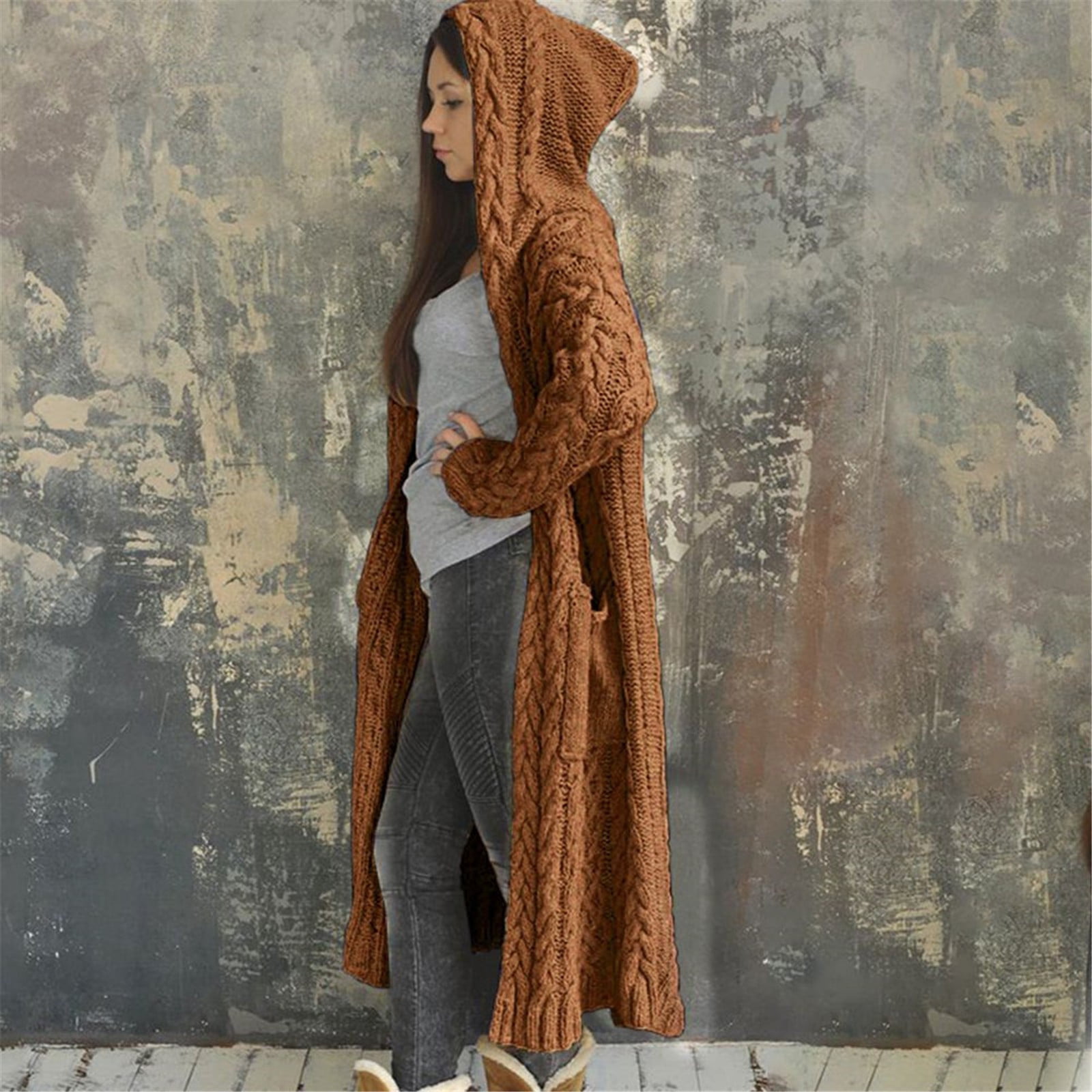 Womens Long Cardigan Hooded Sweaters Winter Cable Knit Chunky Sweaters ...