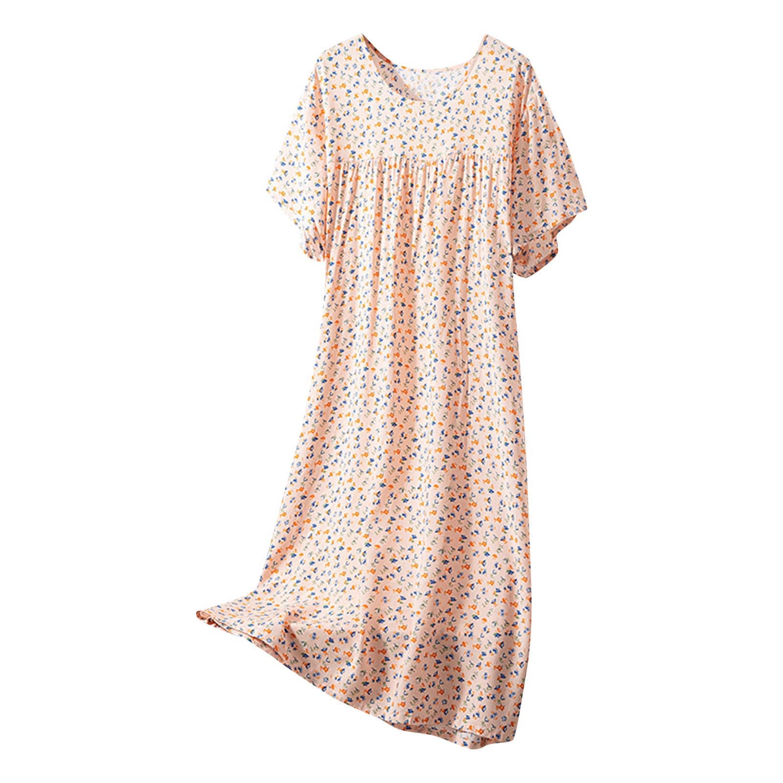 Womens Long Cotton Nightgown Short Sleeve Nightshirt O Neck Sleepwear ...