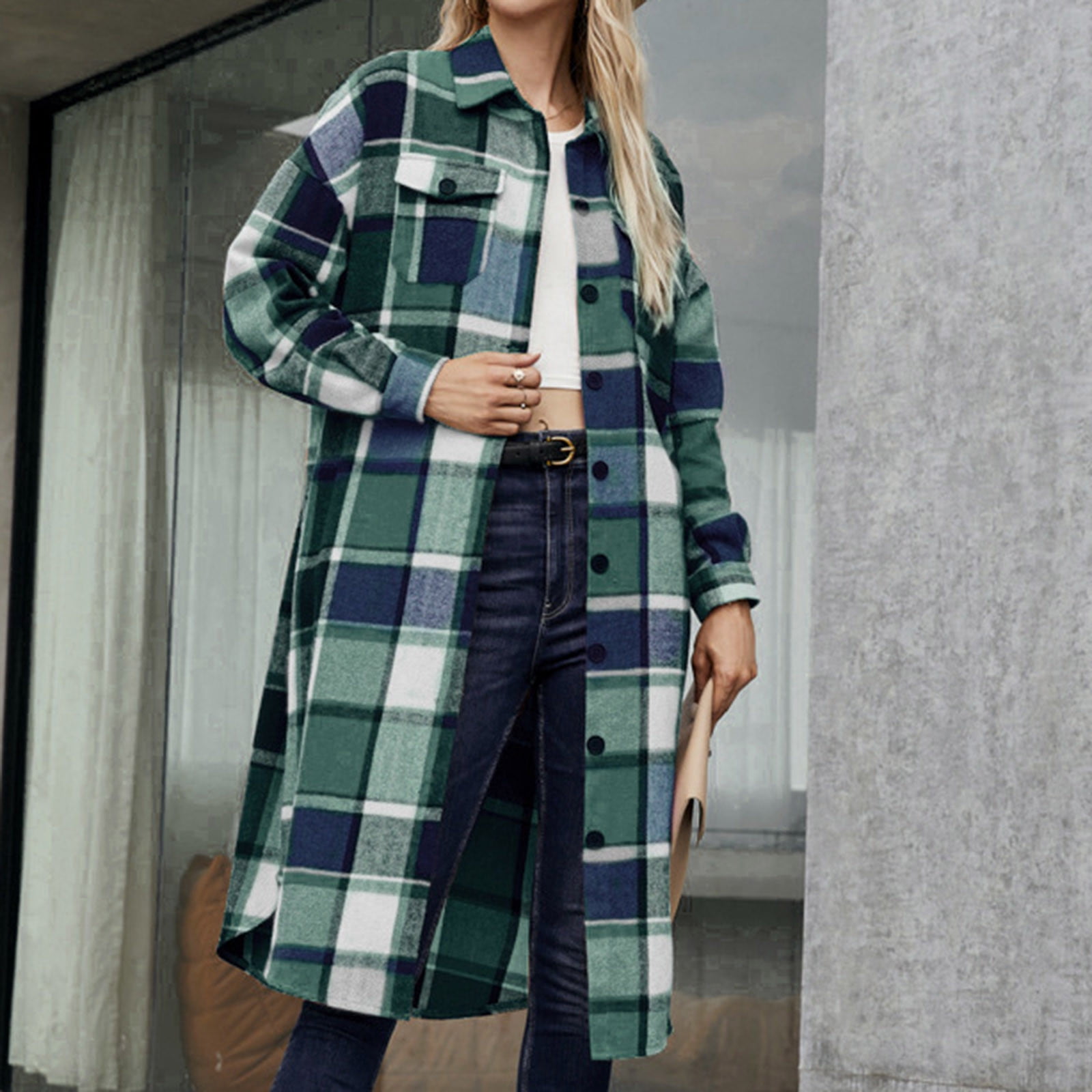 MASRIN Womens Long Flannel Shacket, Plaid Jacket, Button Down Shirts, Fall Casual Coat - Walmart.com