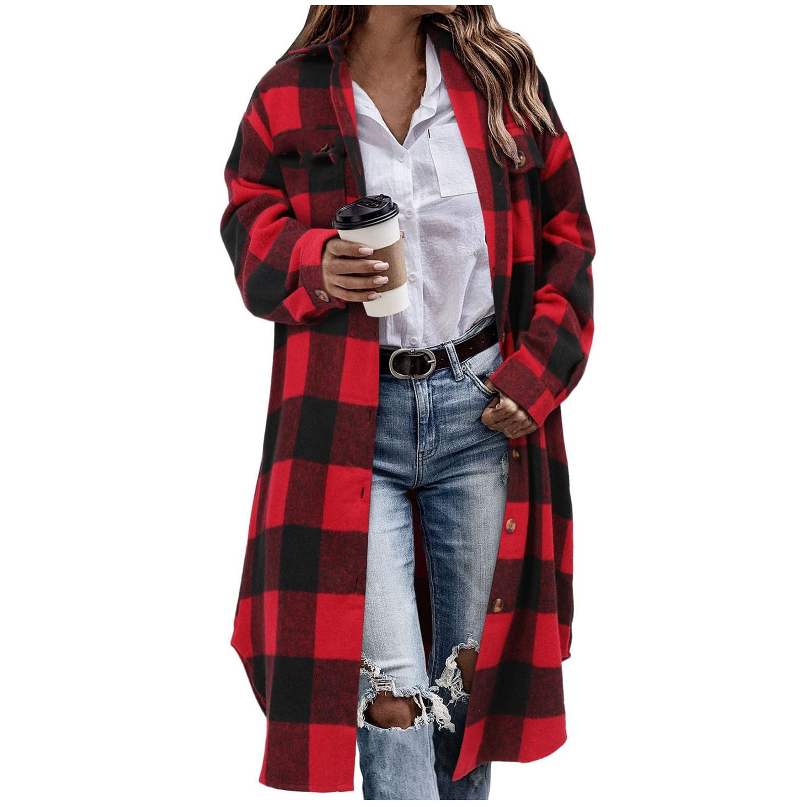 Womens Long Jackets Plaid Flannel Woolen Trench Coat Mid Length Long ...