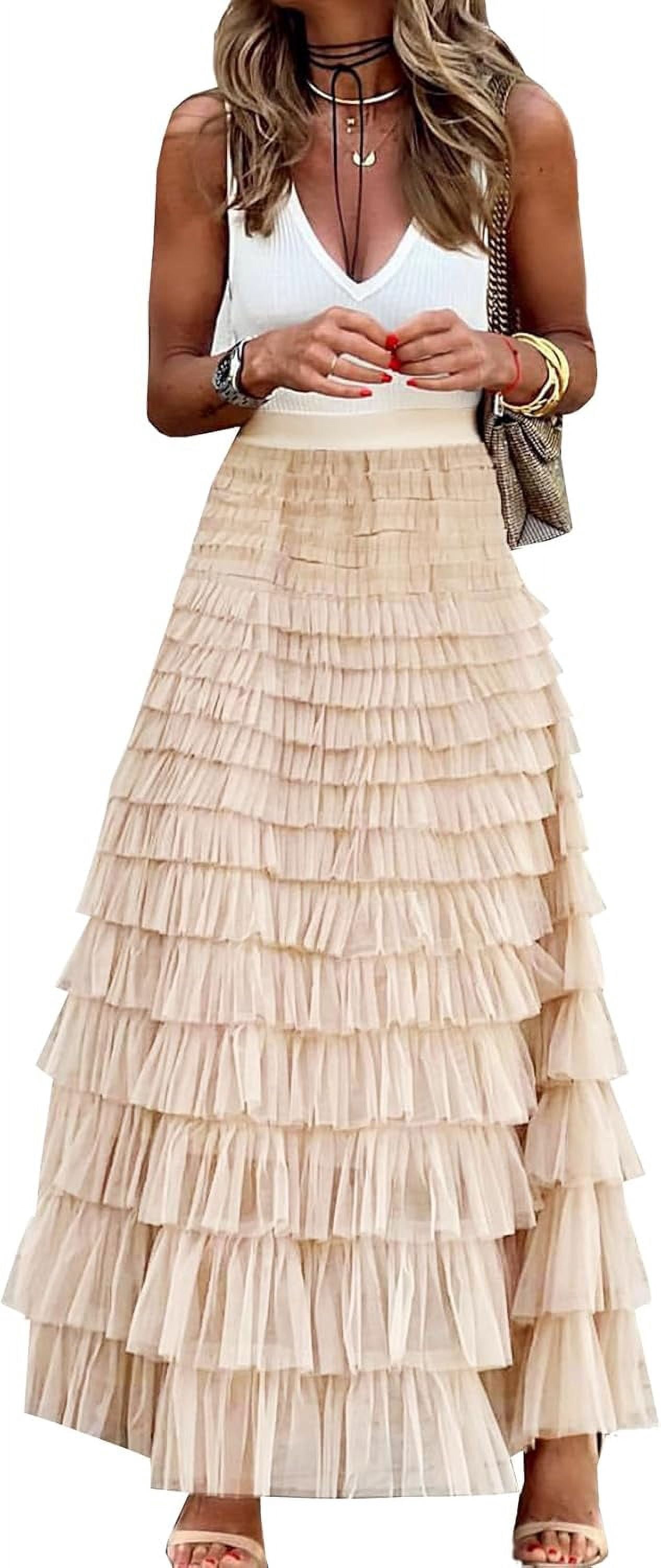 Womens Long Maxi Tulle Skirt A Line Ruffle Mesh High Waisted Tiered ...