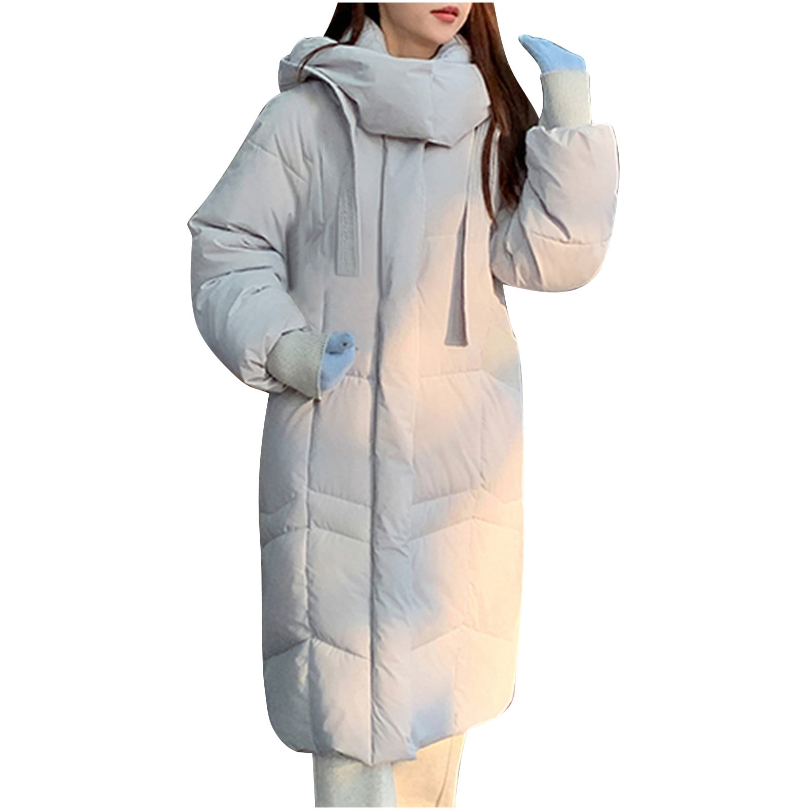 Womens Long Puffer Jacket with Detachable Hood Elastic Ribbed Cuffs ...