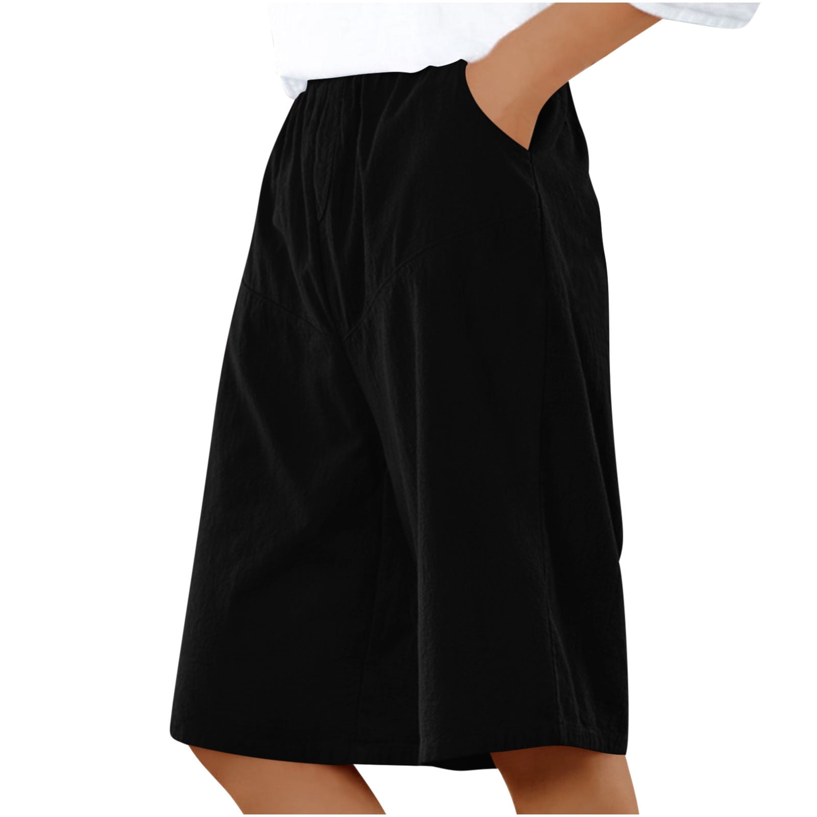 Womens Long Shorts Cotton Linen Lightweight Summer Shorts Elastic Waist ...