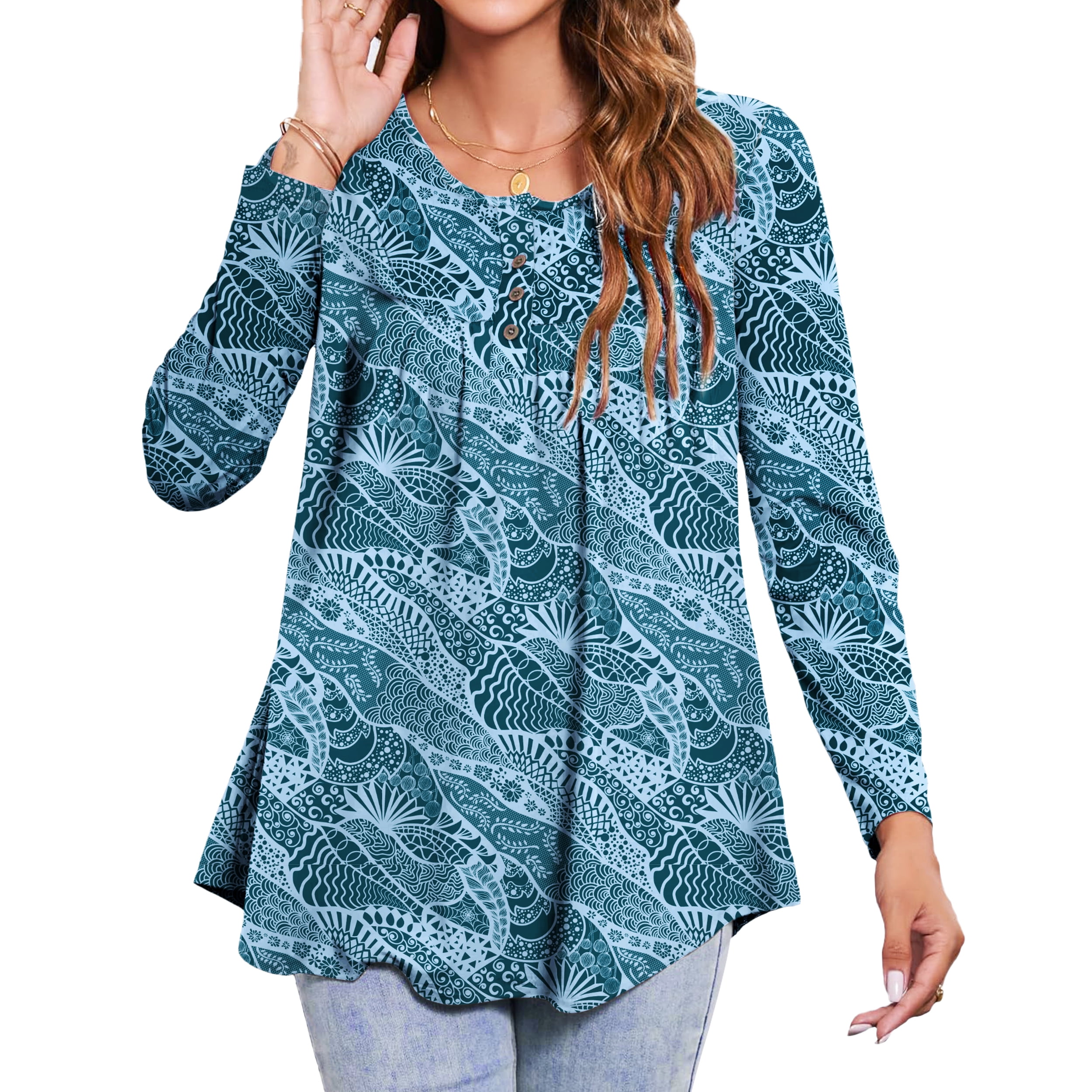 Womens Tunic Tops Casual Loose Fit Floral Fall Blouses Blue - Walmart.com