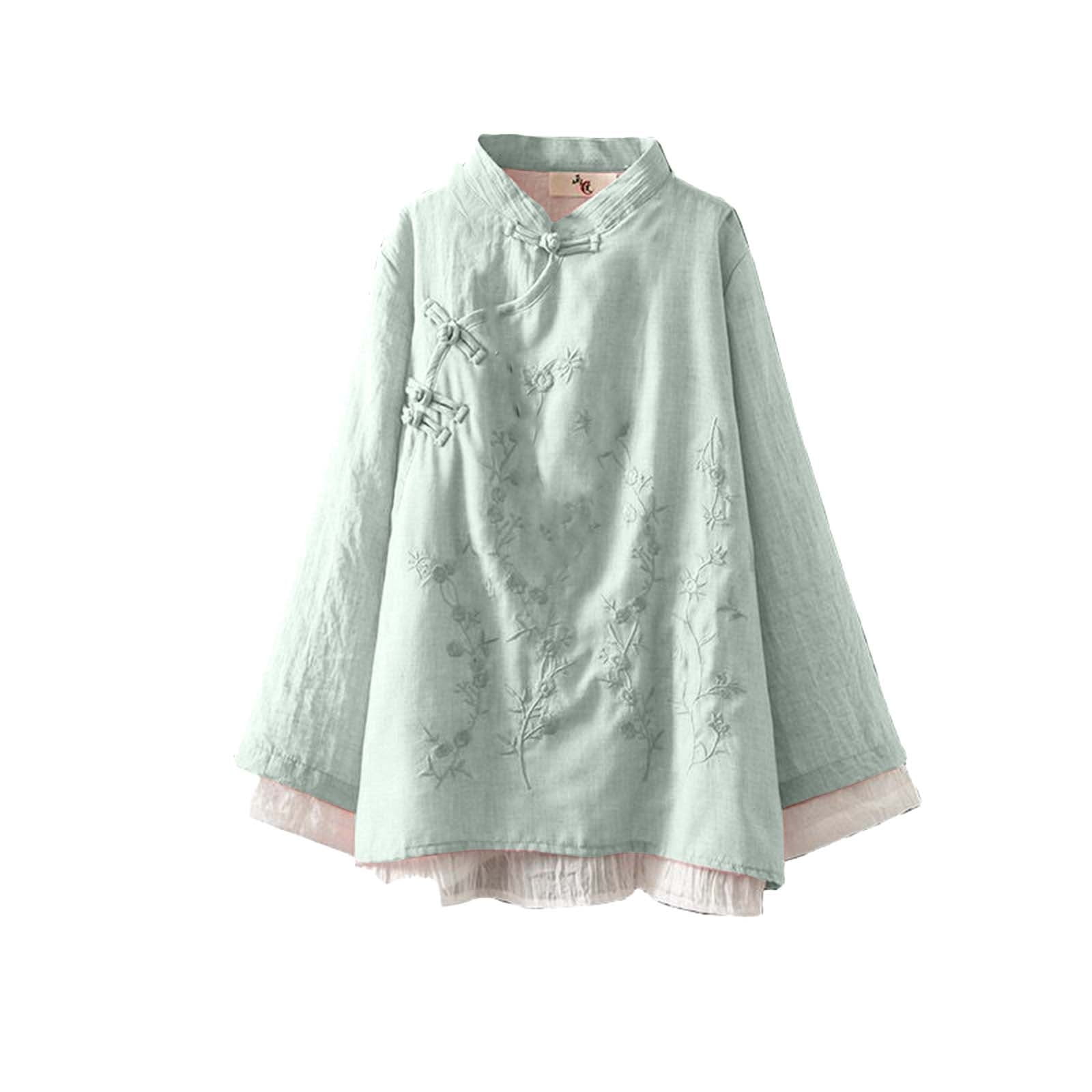 Womens Long Sleeve Blouse Mock Neck Frog Button Floral Embroidery ...