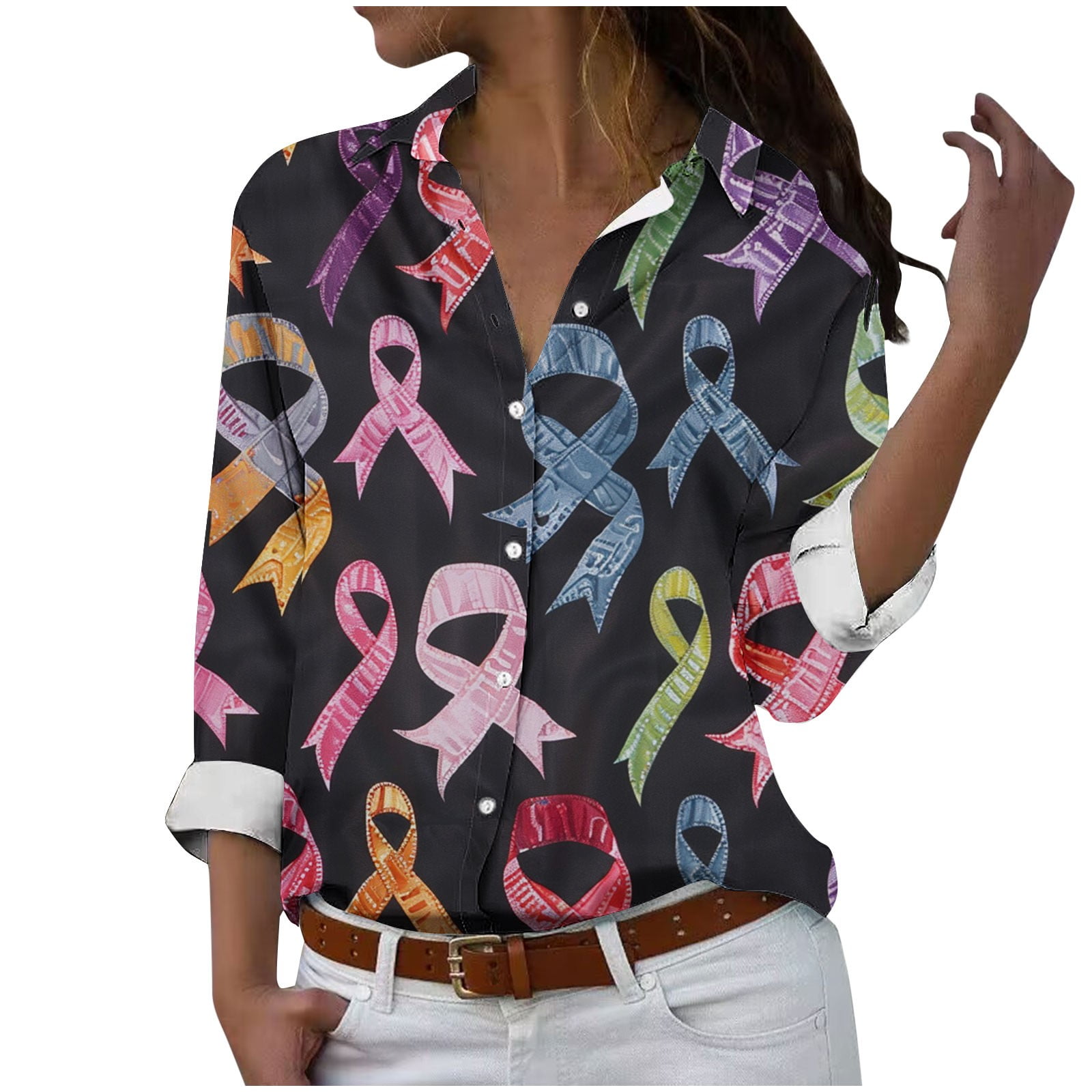 Womens Long Sleeve Button Down Shirt Round Neck Loose Top Breast Cancer ...