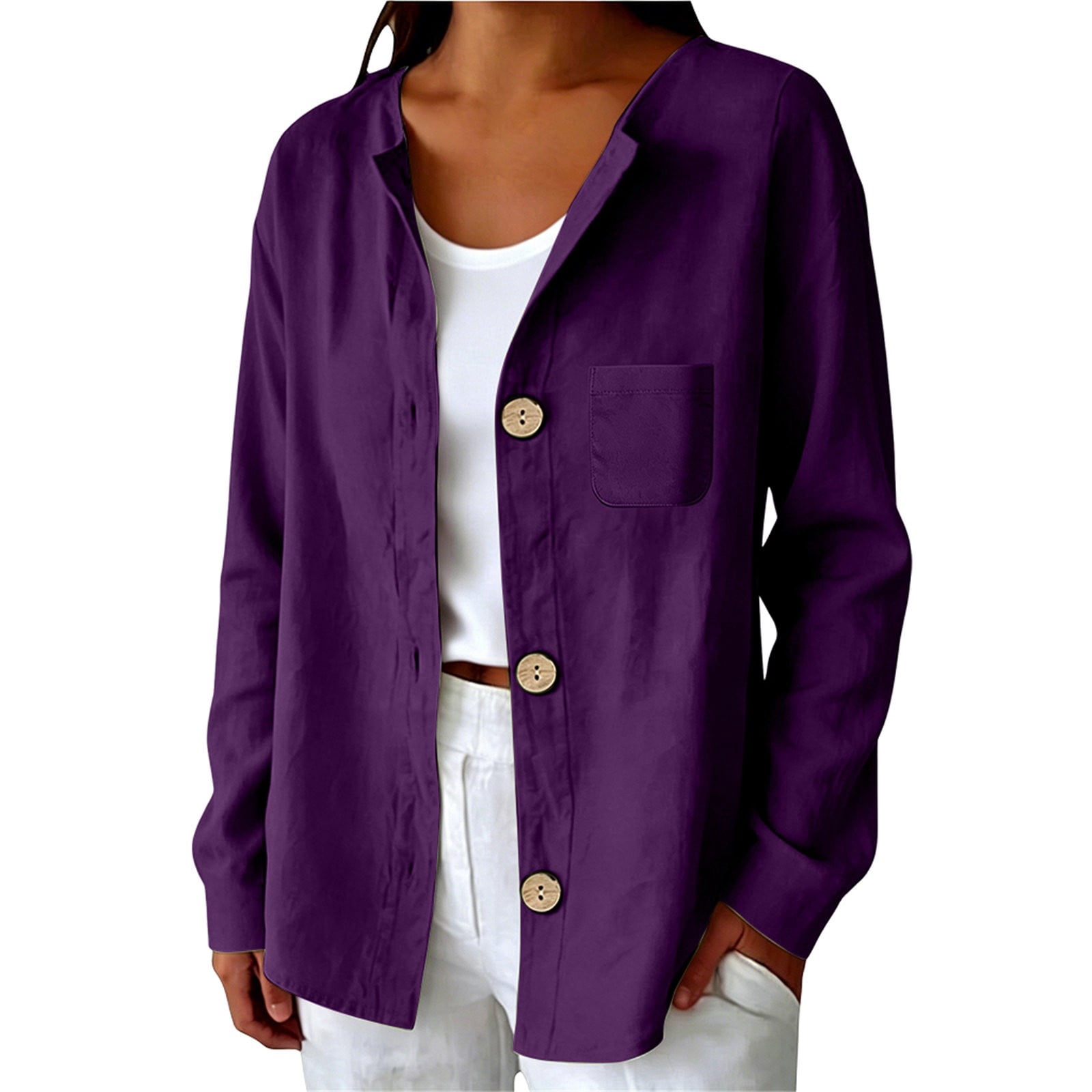 Womens Long Sleeve Button Down Shirts Cotton Work Blouses Casual Fall ...