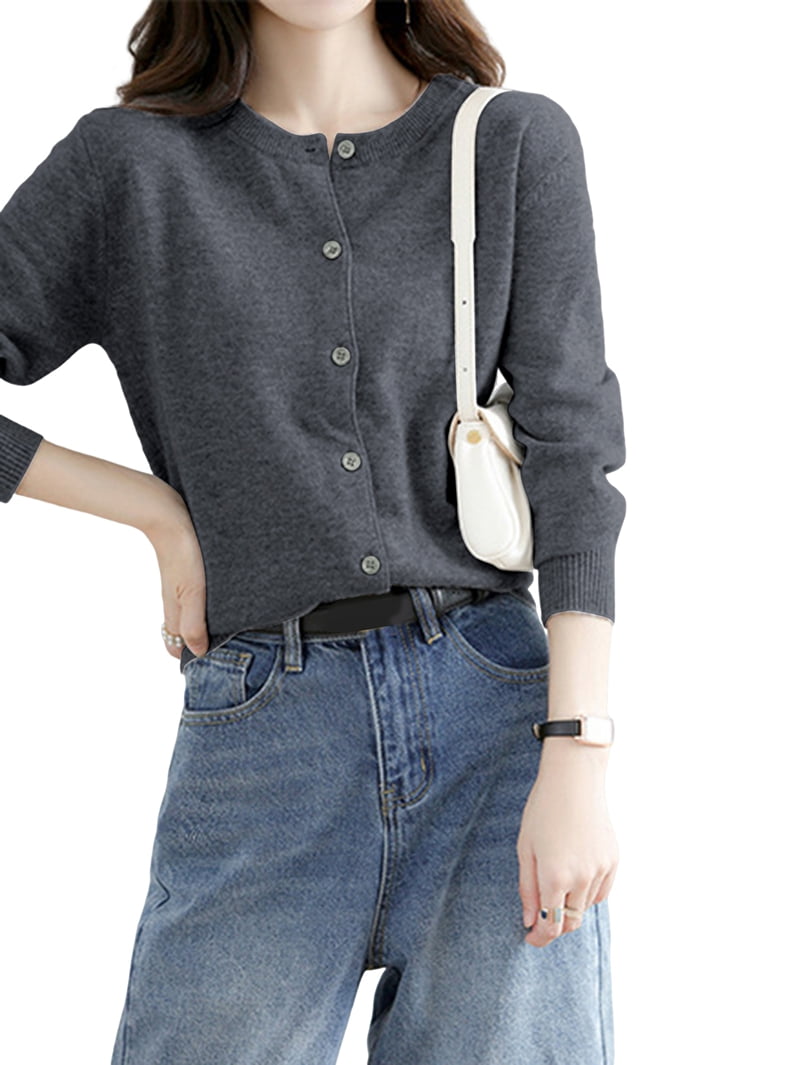 Womens Long Sleeve Button Up Knit Cardigan Light-Bodied 2026 Crewneck ...