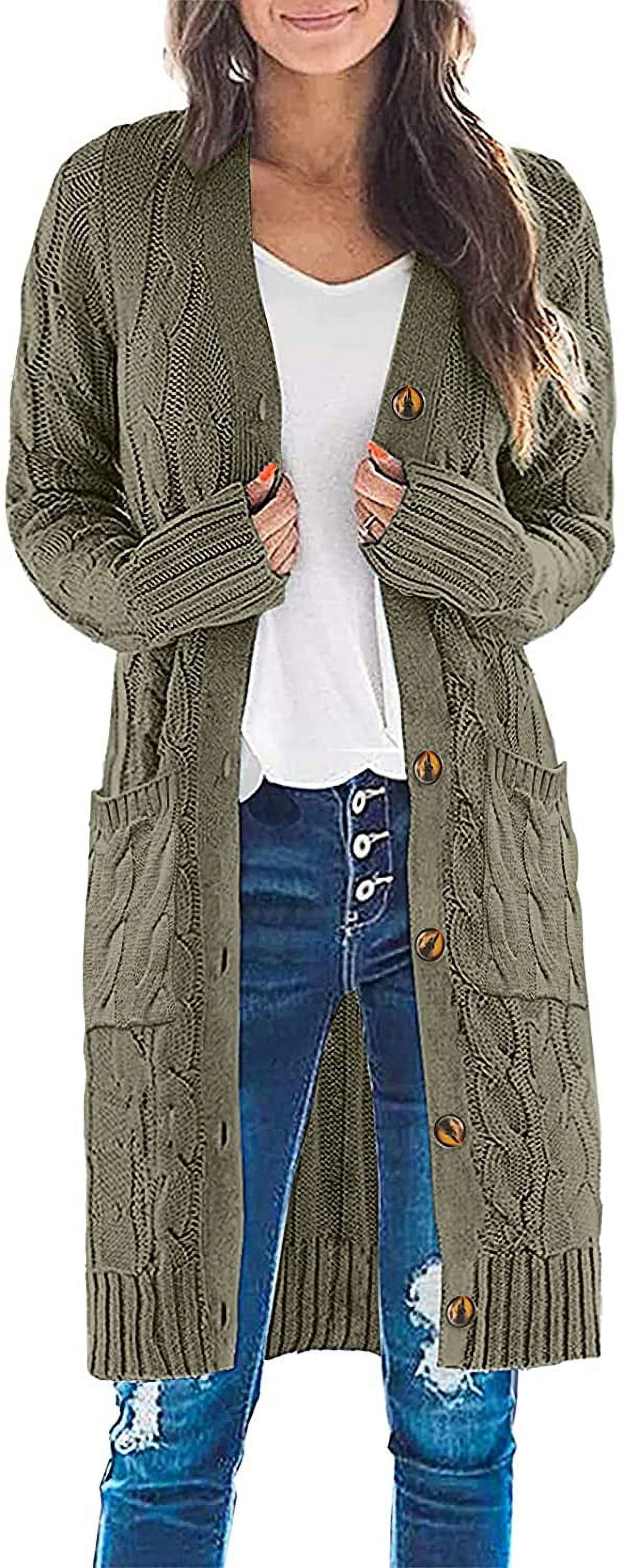 Womens Long Sleeve Cable Knit Long Cardigan Open Front Button Sweater ...