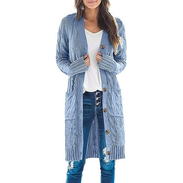 Women's Long Sleeve Cable Knit Sweater Open Front Cardigan Button Loose ...