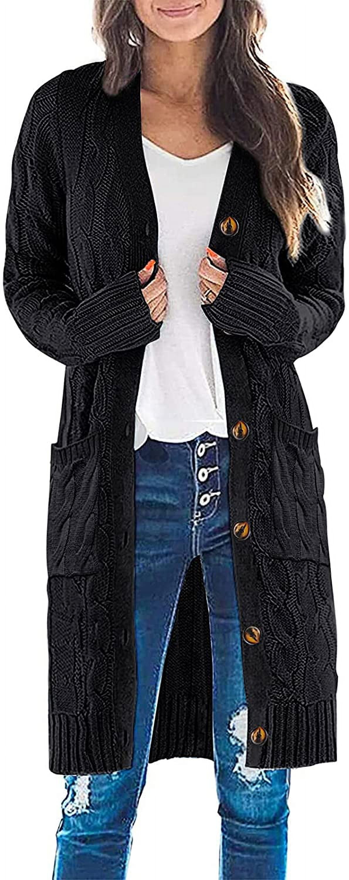 Womens Long Sleeve Cable Knit Long Cardigan Open Front Button Sweater ...