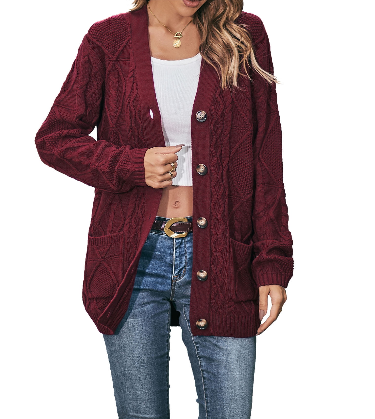 Womens Long Sleeve Cable Knit Sweater Open Front Cardigan Button Loose