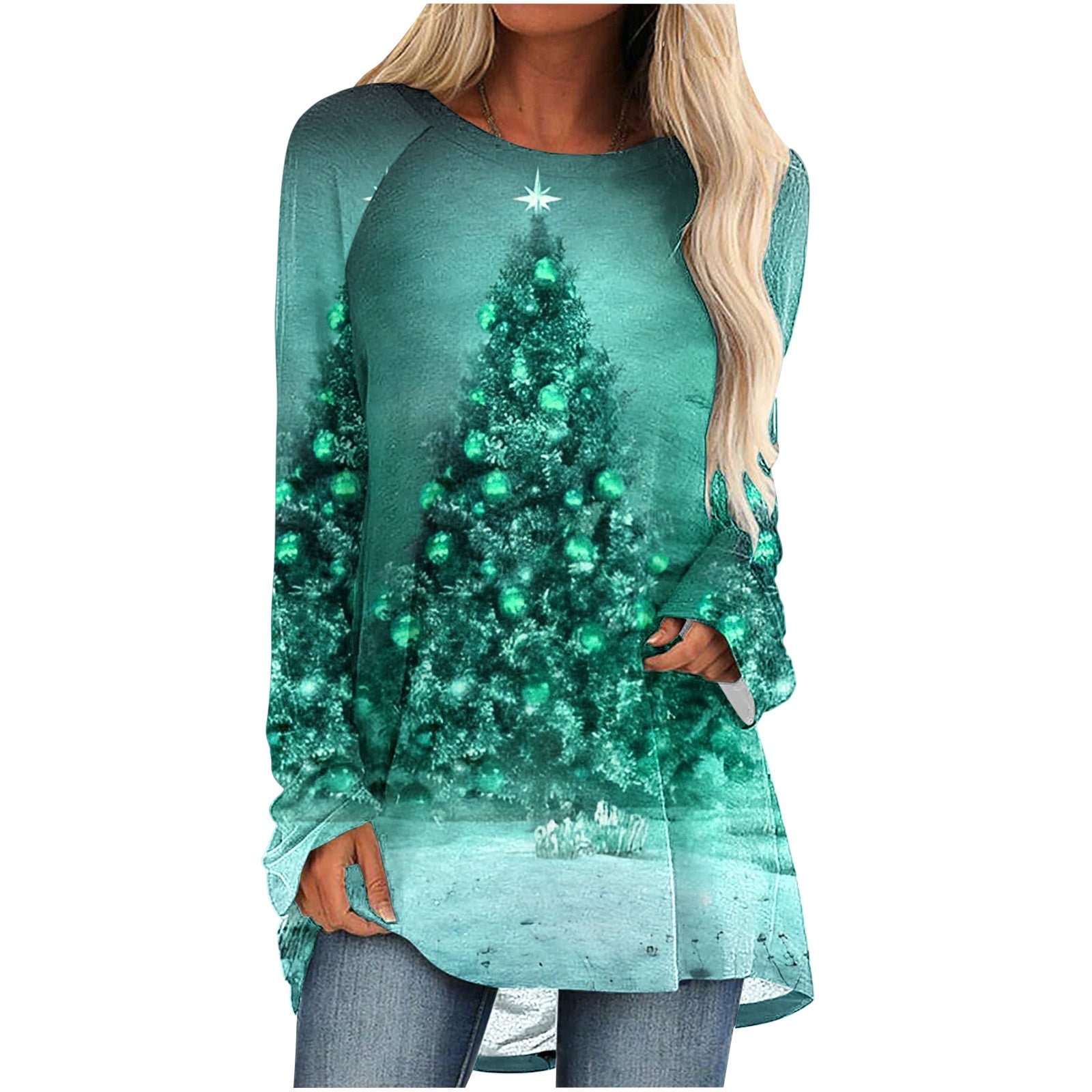 Womens Long Sleeve Christmas Shirts Trendy Glitter Xmas Tree Print ...