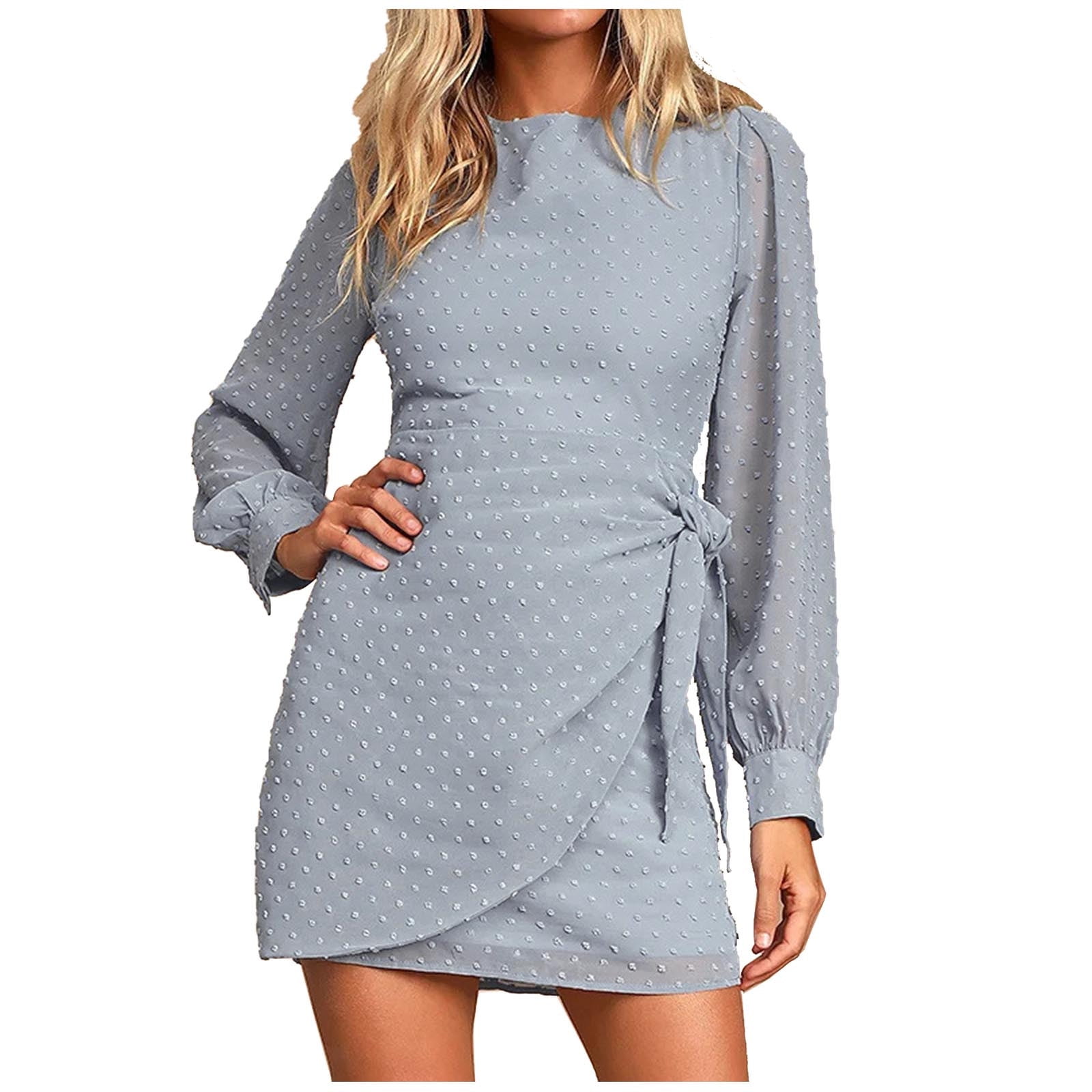 Womens Long Sleeve Crewneck Chiffon Dress Solid Tie Waist Mini Dress ...