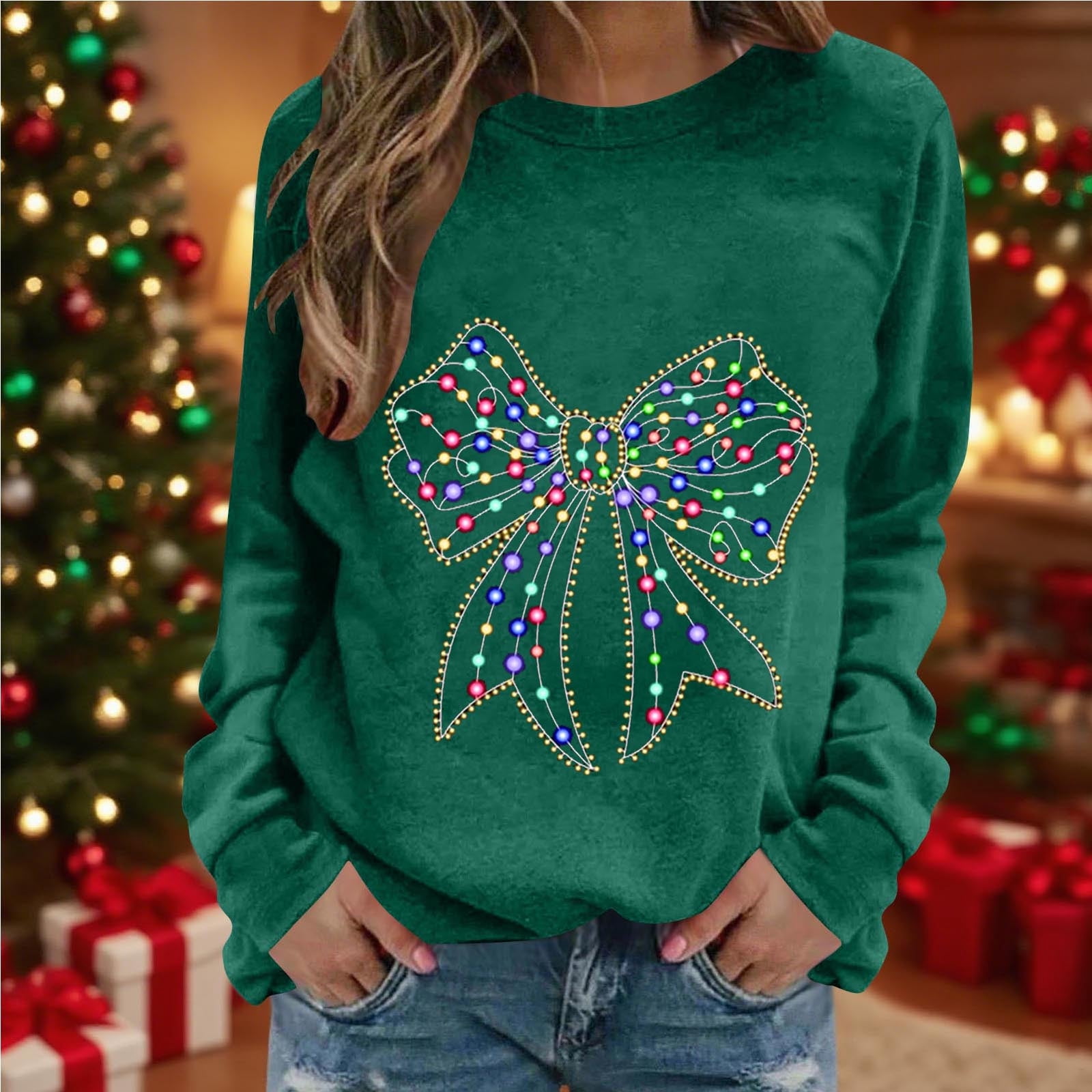 Womens Long Sleeve Crewneck Tops Christmas Printed Thin Lightweight ...