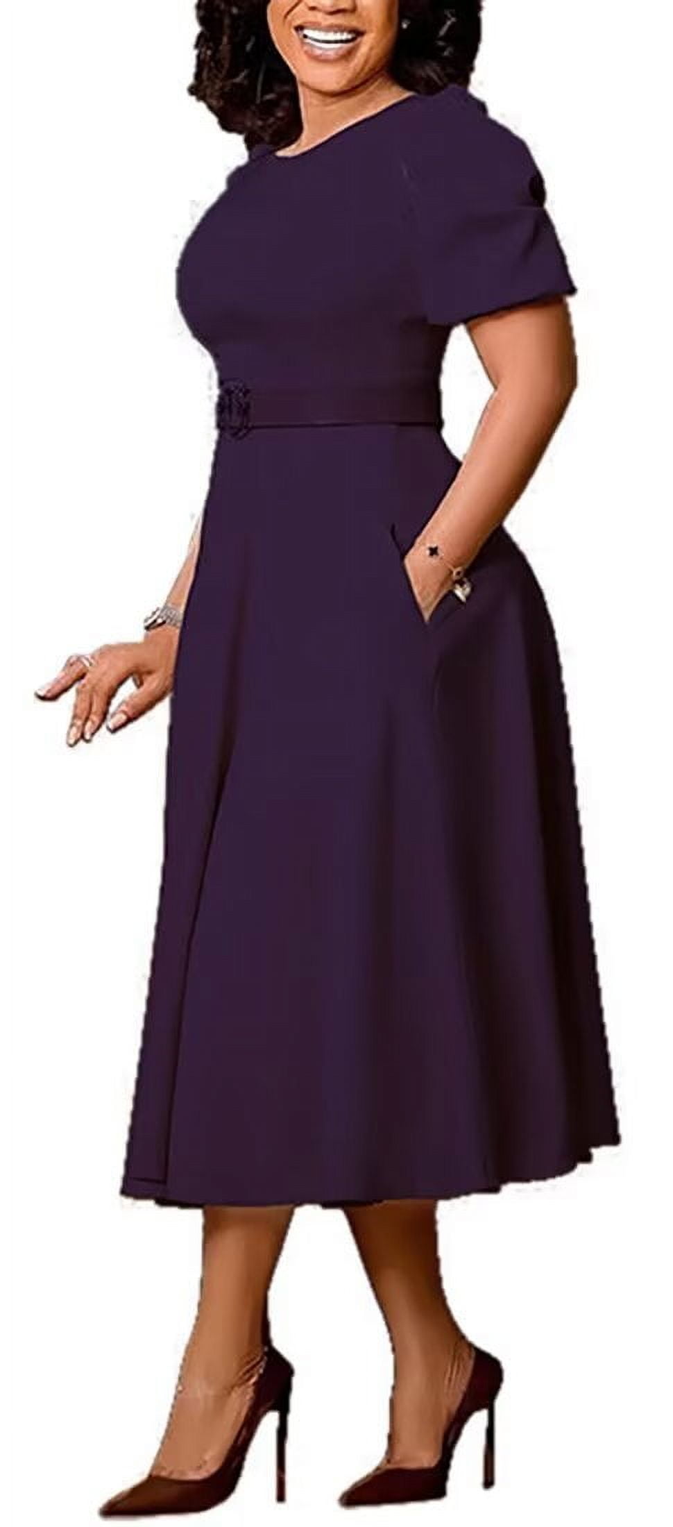 Womens Long Sleeve Deep Crew Neck Formal Dress Pleated Waist Knee ...