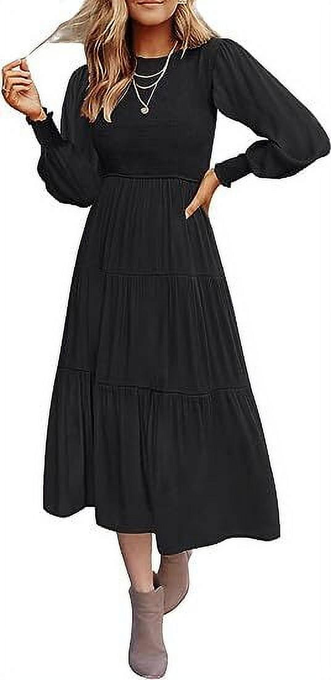 Mengpipi Womens Casual Long Sleeve Midi Dresses Smocked Flowy Tiered
