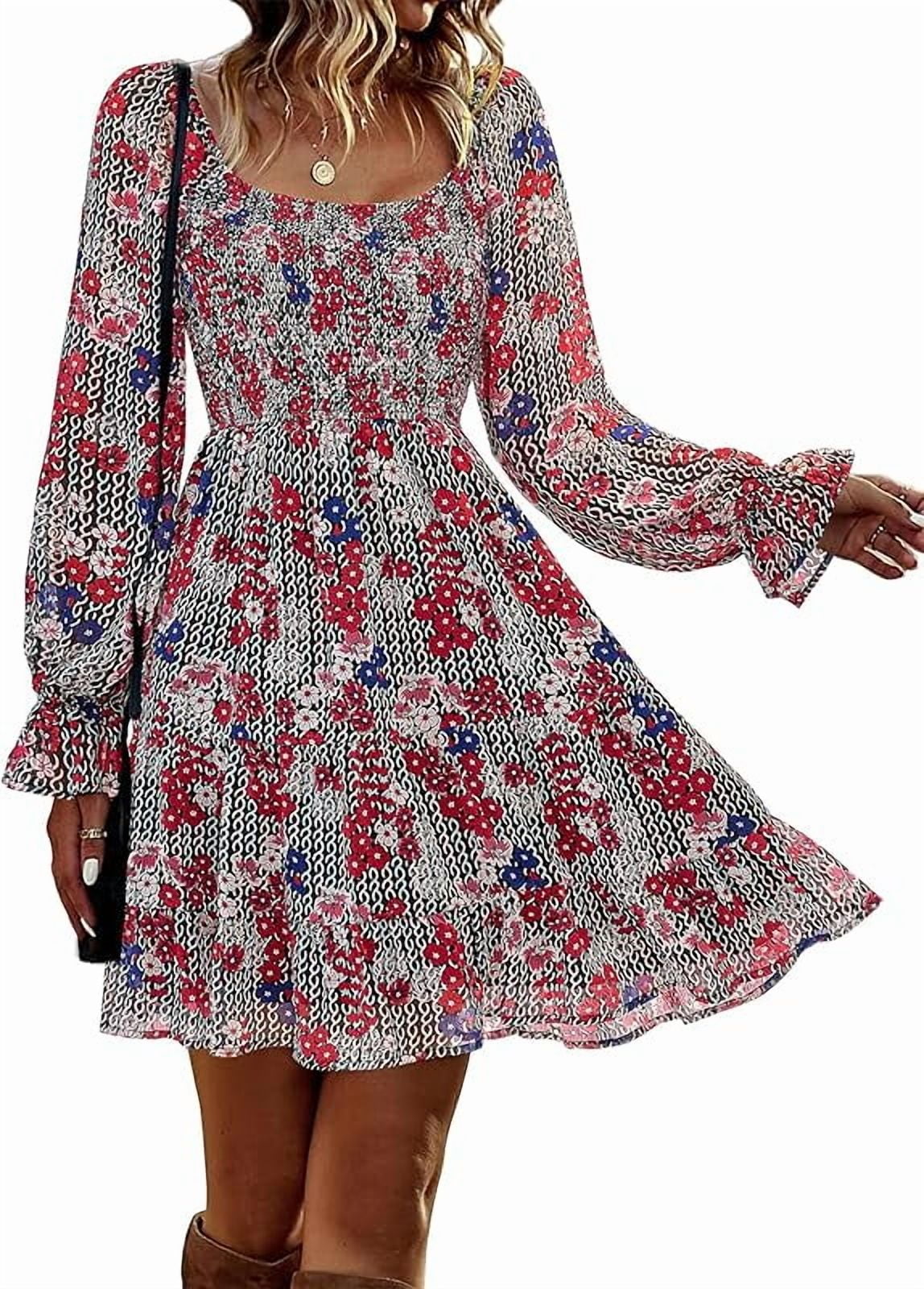 Womens Long Sleeve Dress Vacation Square Neck Smocked Floral Swiss Dot ...