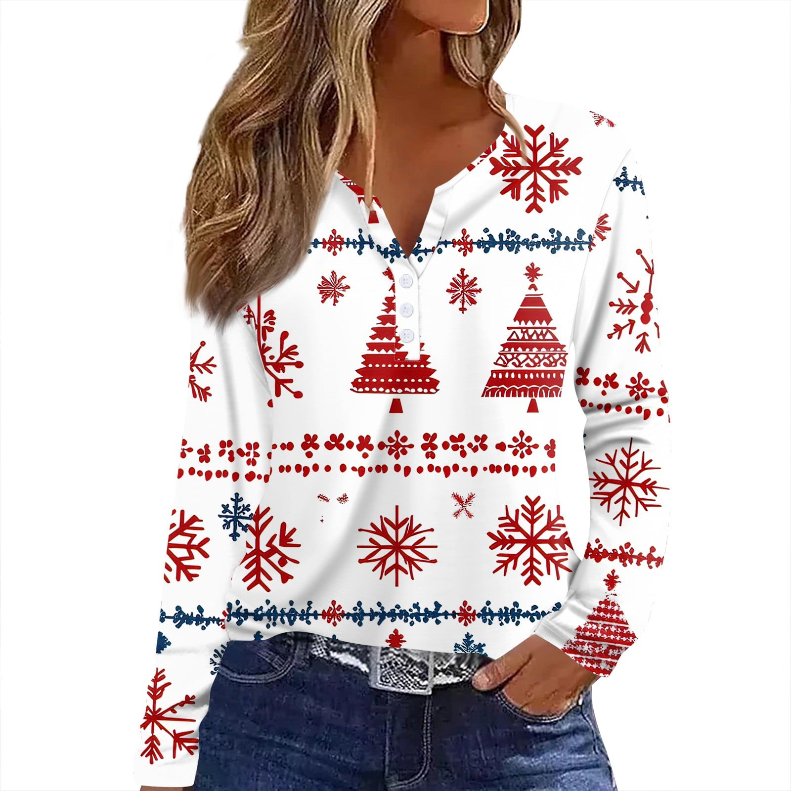 Womens Long Sleeve Henley T Shirts Christmas Tree Xmas Snowflake Print ...