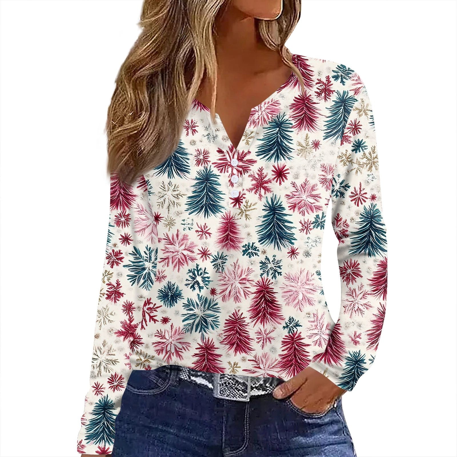 Womens Long Sleeve Henley Tshirts Christmas Tree Xmas Snowflake Print ...