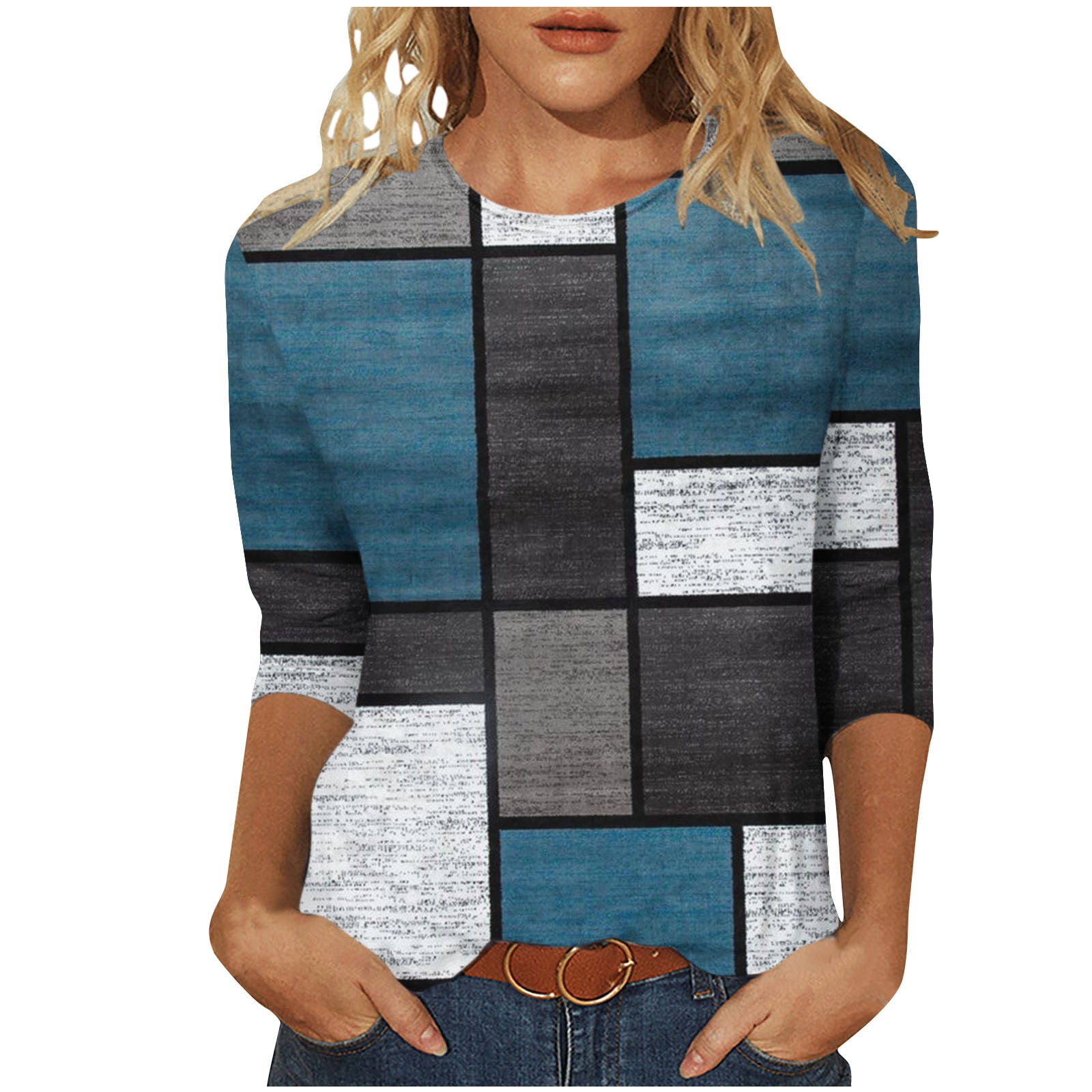 Womens Long Sleeve Knit Tops Round Neck Women's Casual Round Neck 3/4 ...