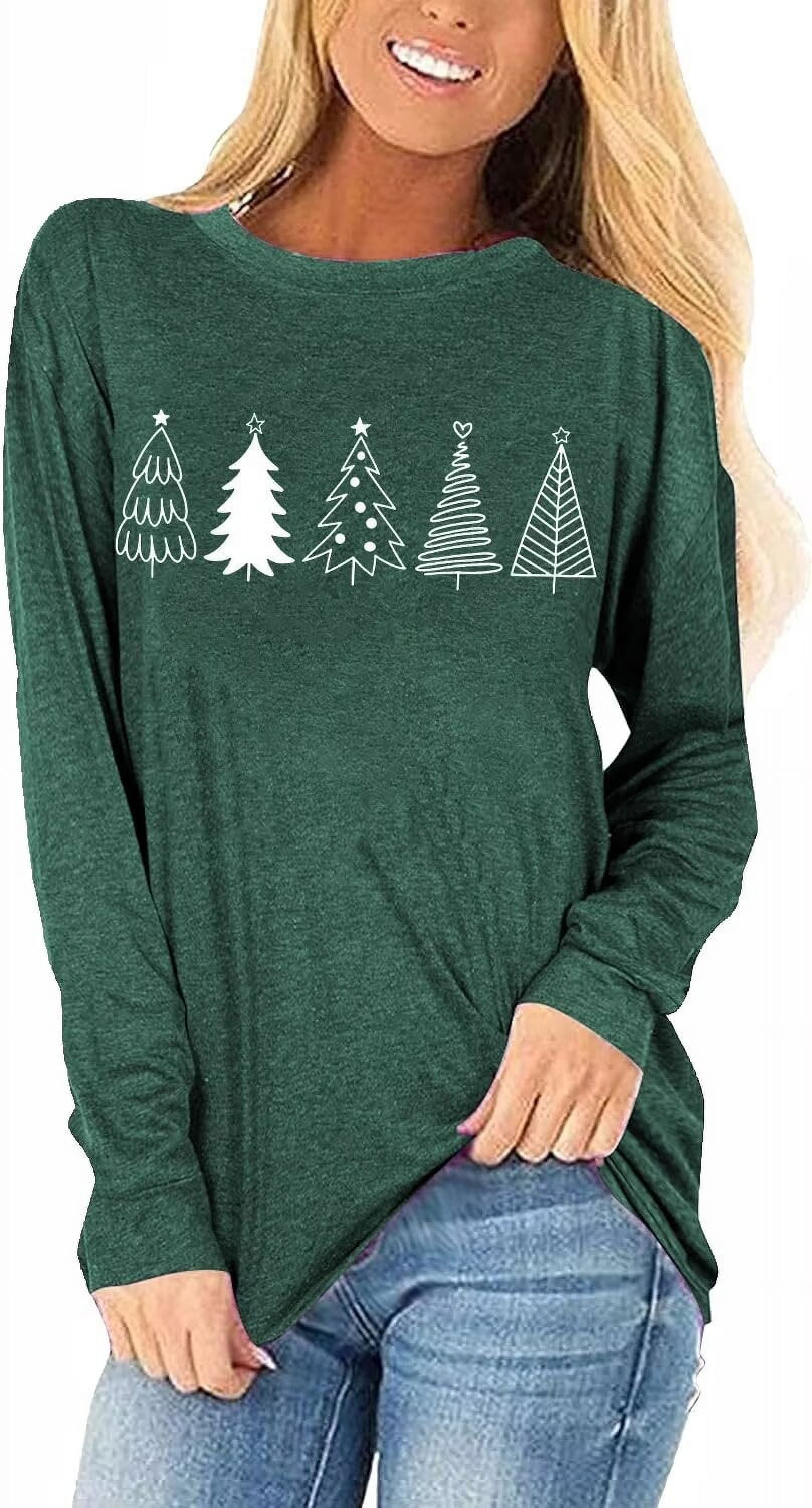 Womens Long Sleeve Merry Christmas T-Shirts Christmas Tree Bright ...