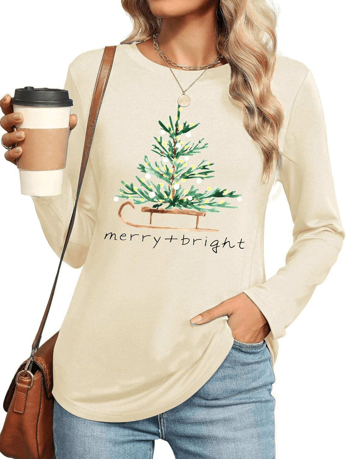 Womens Long Sleeve Merry Christmas T-Shirts Christmas Tree Bright ...