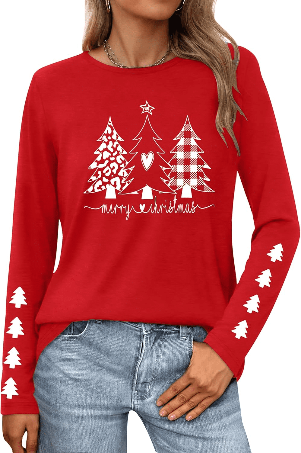 Womens Long Sleeve Merry Christmas T-Shirts Christmas Tree Bright ...
