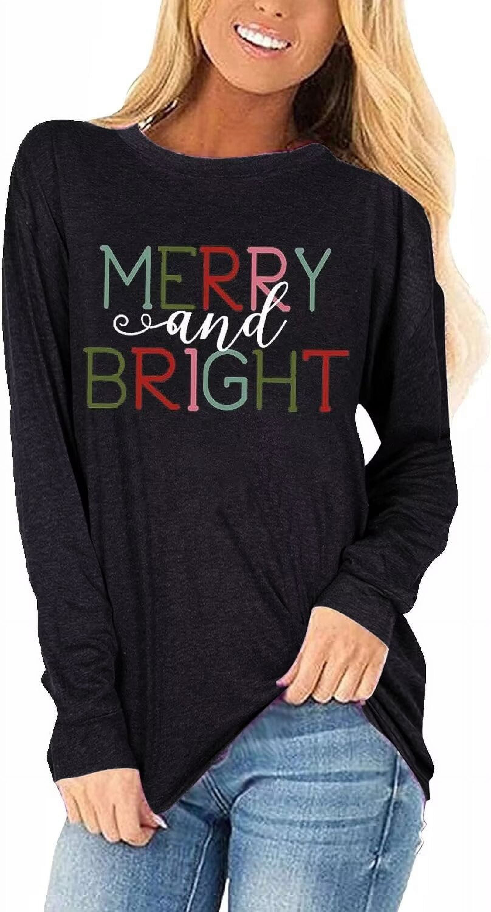 Womens Long Sleeve Merry Christmas T-Shirts Christmas Tree Bright ...