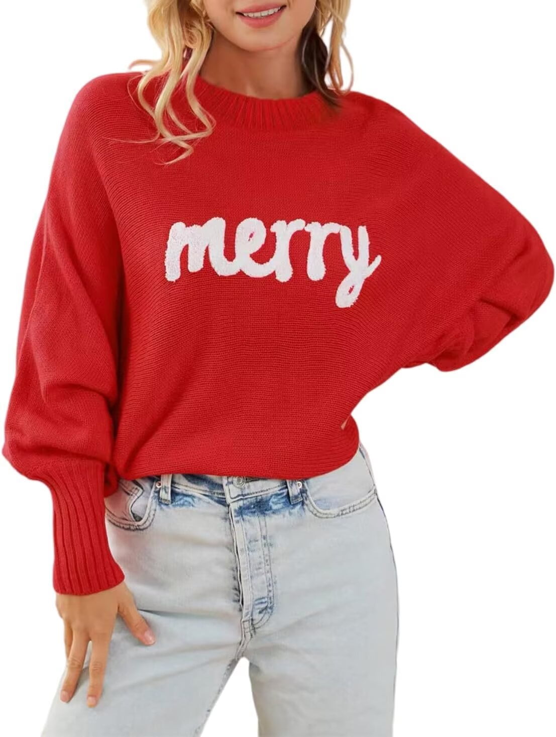 Womens Long Sleeve Merry Sweaters Christmas Batwing Sleeve Loose Fit ...